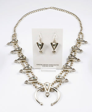 White Buffalo and Opal Squash Blossom and Earring Set